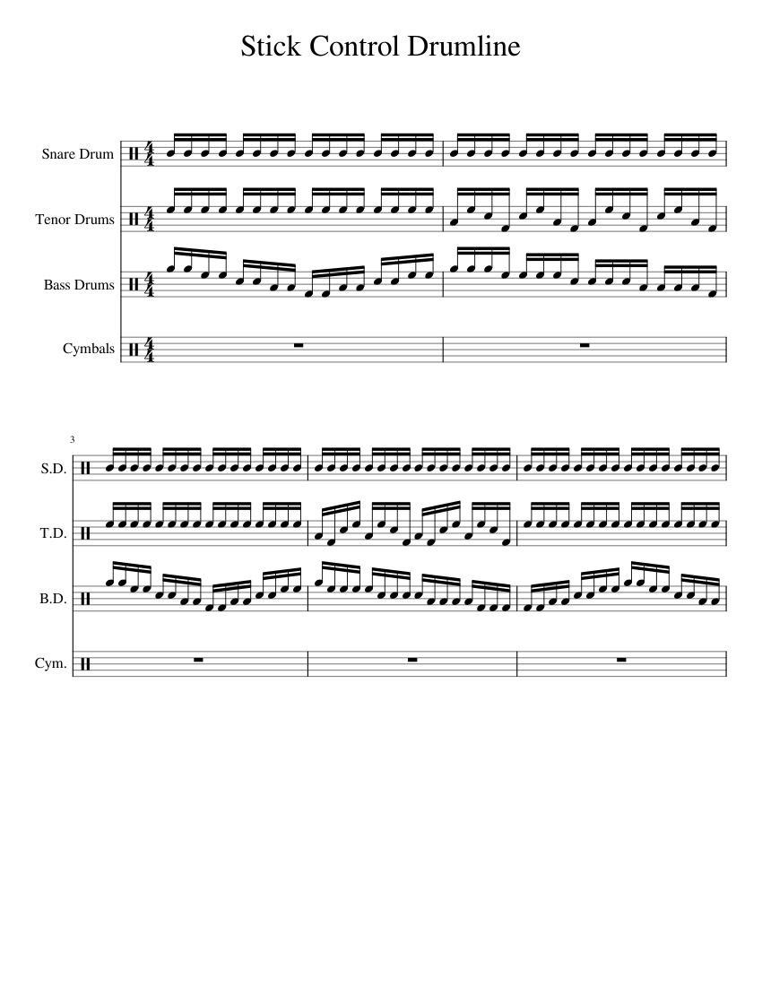 Stick Control Drumline Sheet Music for Snare drum, Crash, Tenor drum ...