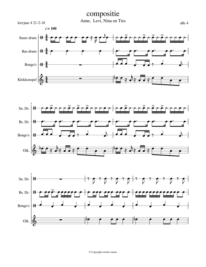 compositie Sheet music for Glockenspiel, Snare drum, Bass drum, Bongo ...