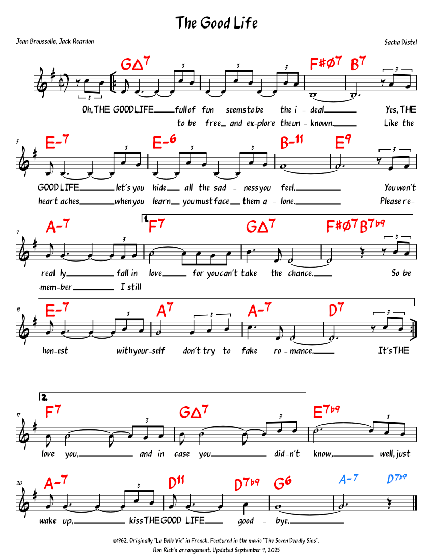 The Good Life – Sacha Distel, Jean Broussolle, Jack Reardon (Lead Sheet ...