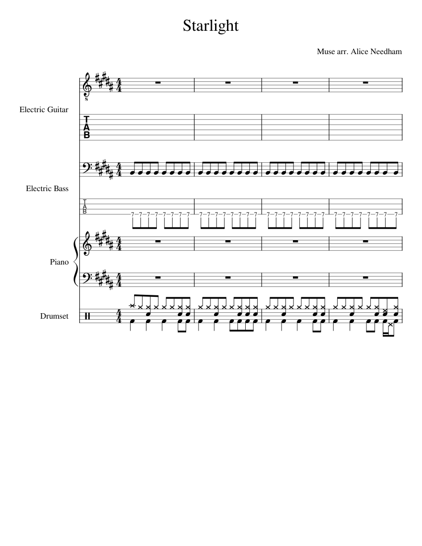 Starlight Sheet Music and Tab for Piano, Guitar, Bass guitar, Drum ...