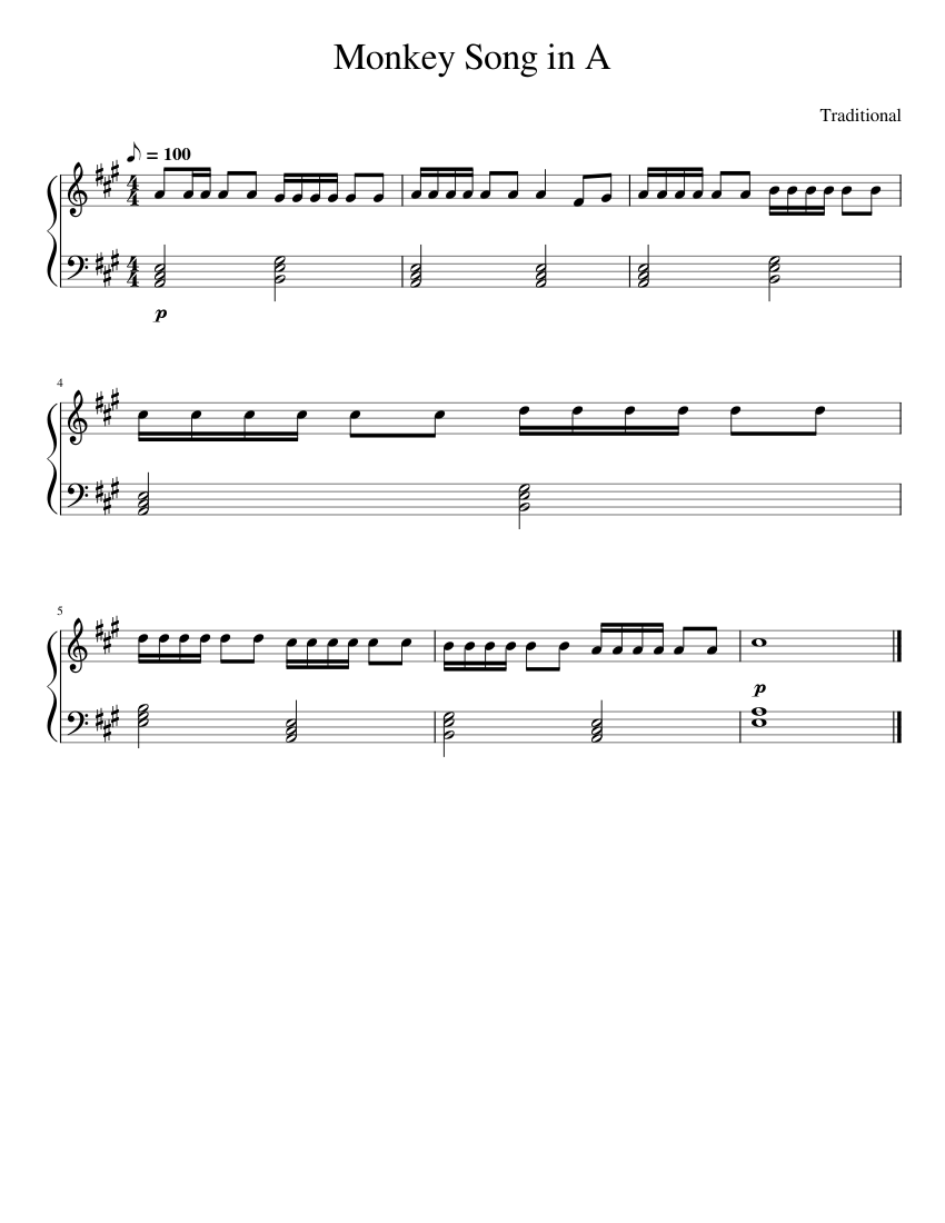 Monkey_Song_in_A Sheet music for Piano (Solo) | Musescore.com