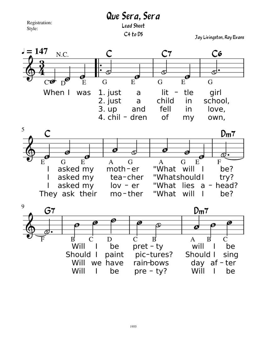 BN Que Sera Sera Sheet Music with Chords for Piano (Solo) easy ...
