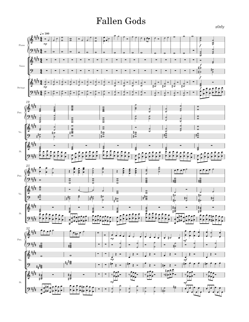Fallen Gods Sheet music for Piano, Vocals, Strings group (Mixed ...