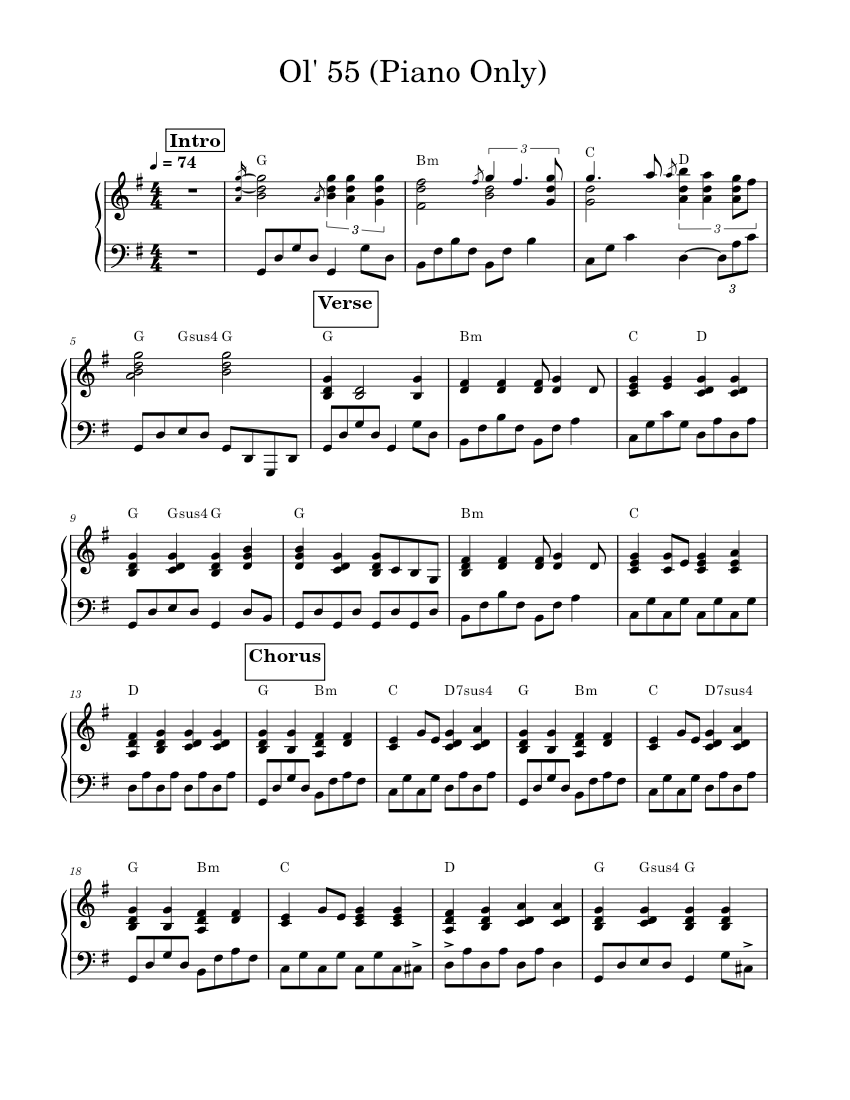 Ol 55 (Piano Only) Ol' 55 Piano Only Sheet Music with Chords for Piano ...