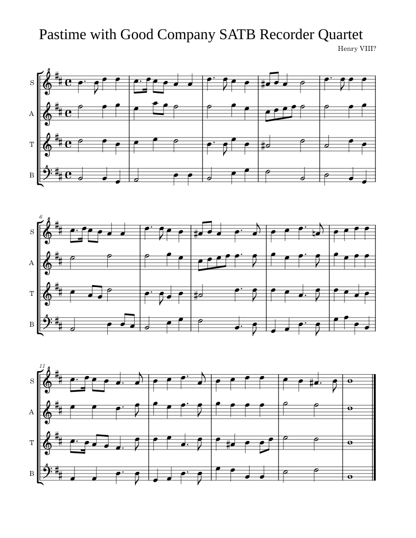 Pastime with Good Company SATB Recorder Quartet – Henry VIII? Sheet ...
