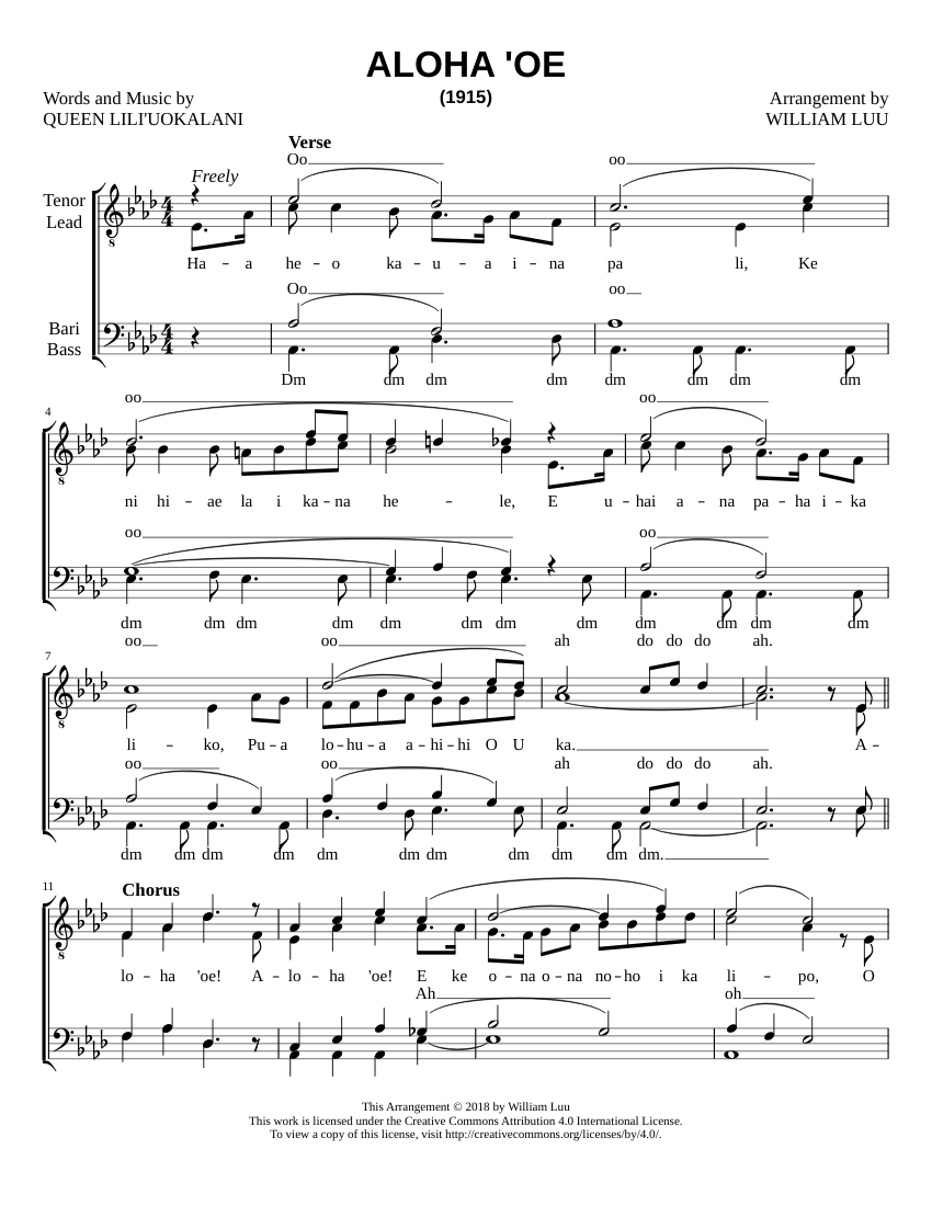 Aloha 'Oe Sheet Music for Tenor, Bass voice (Choral) | MuseScore.com
