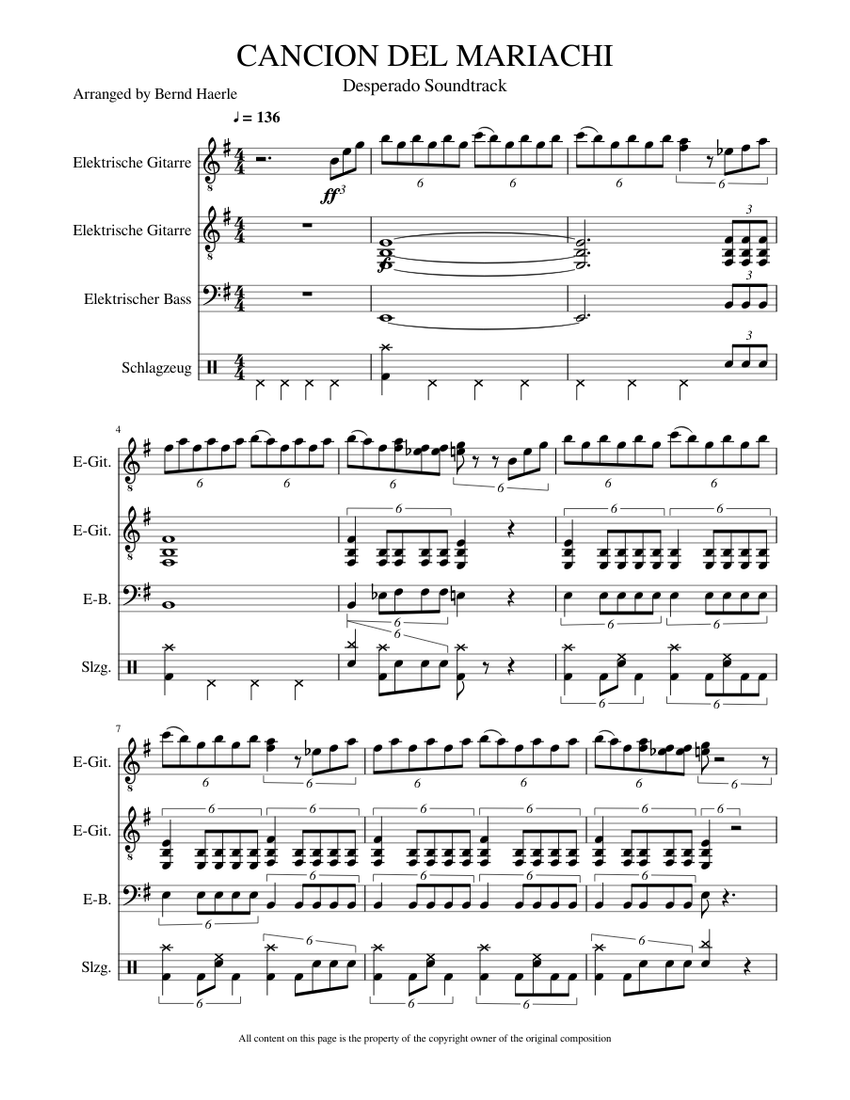 CANCION DEL MARIACHI Sheet Music for Guitar, Bass guitar, Drum group ...