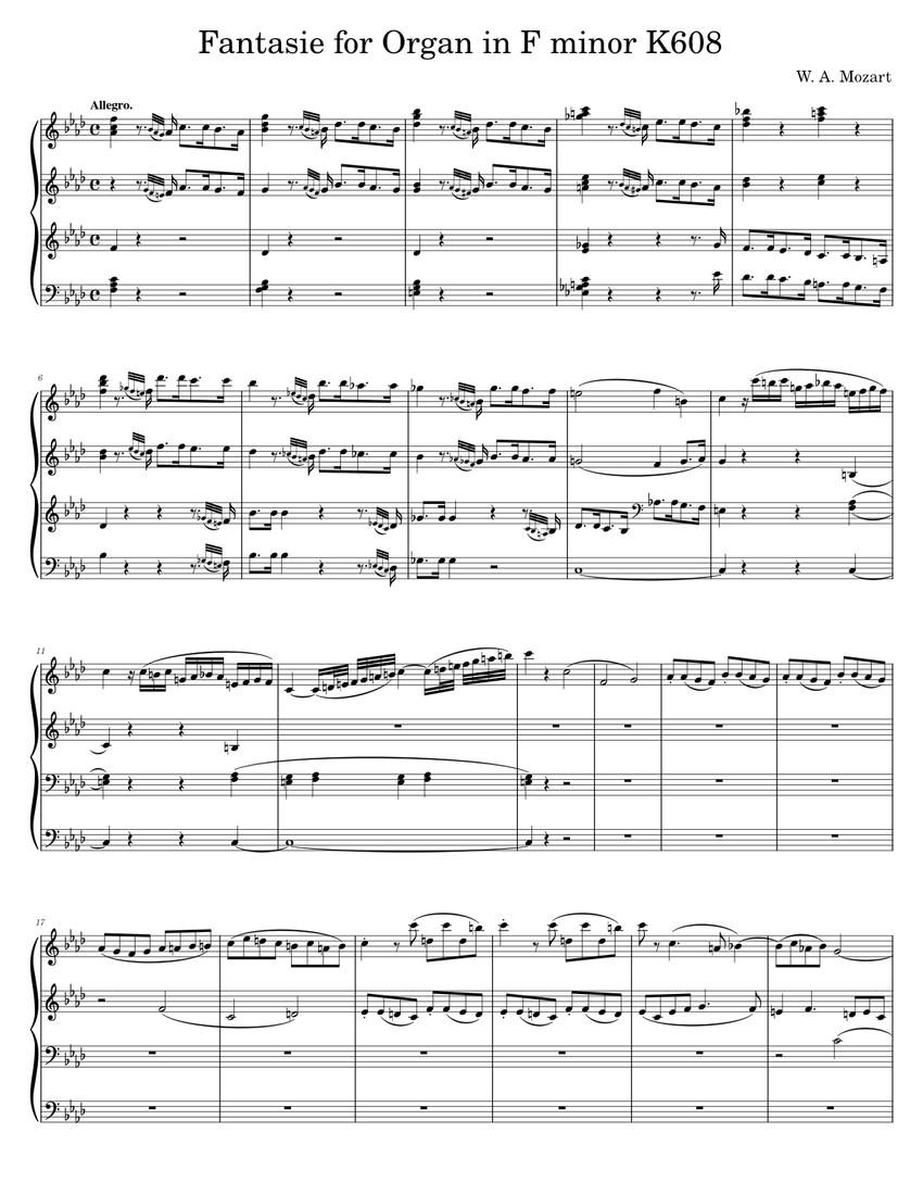 Mozart Fantasia for Mechanical Organ in F minor K608 Sheet Music for ...