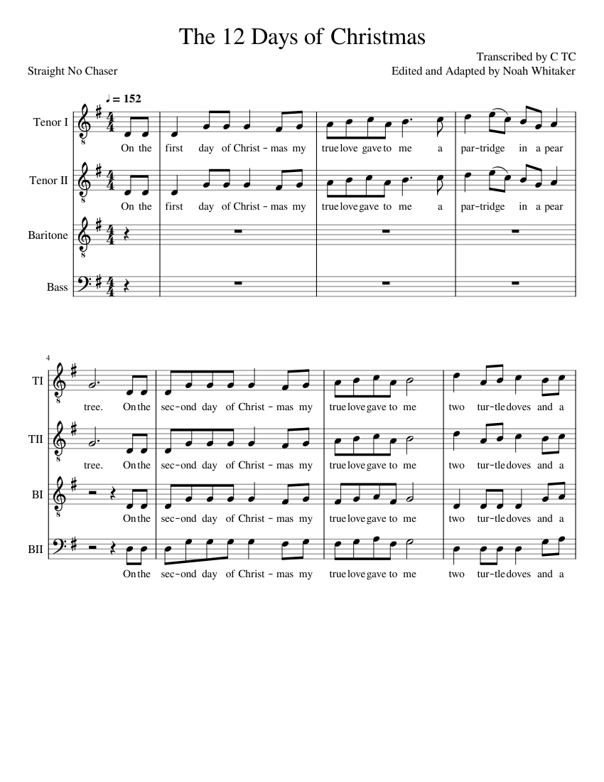 The 12 Days of Christmas - TTBB Sheet Music for Piano (Men’s Choir ...