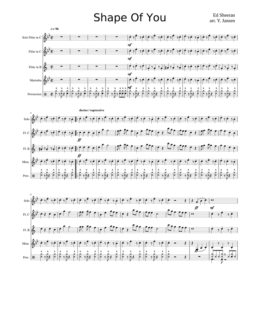 Shape of you - Ed Sheeran Sheet music for Flute, Marimba, Drum (other ...