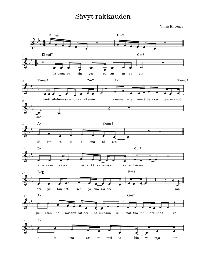 Sävyt Rakkauden nuotti lyriikoilla Sheet Music with Chords for Piano ...