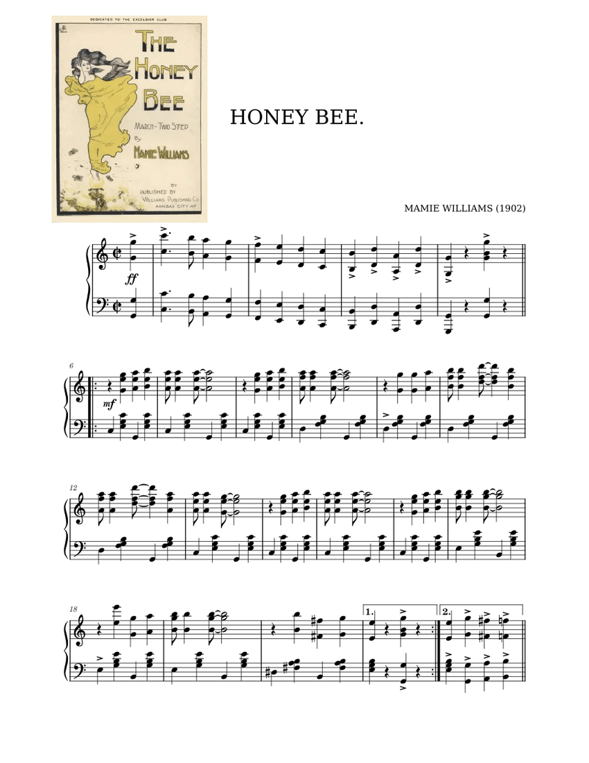 Honey Bee by Mamie Williams (1902) Sheet Music for Piano (Solo ...