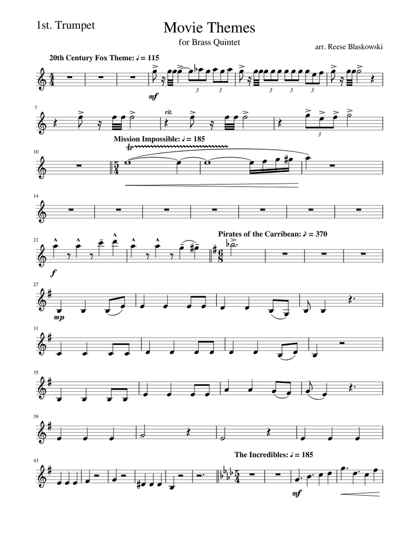 Movie_Themes_(영화_주제곡_모음)_1st.Trumpet Sheet music for Trumpet in b-flat ...