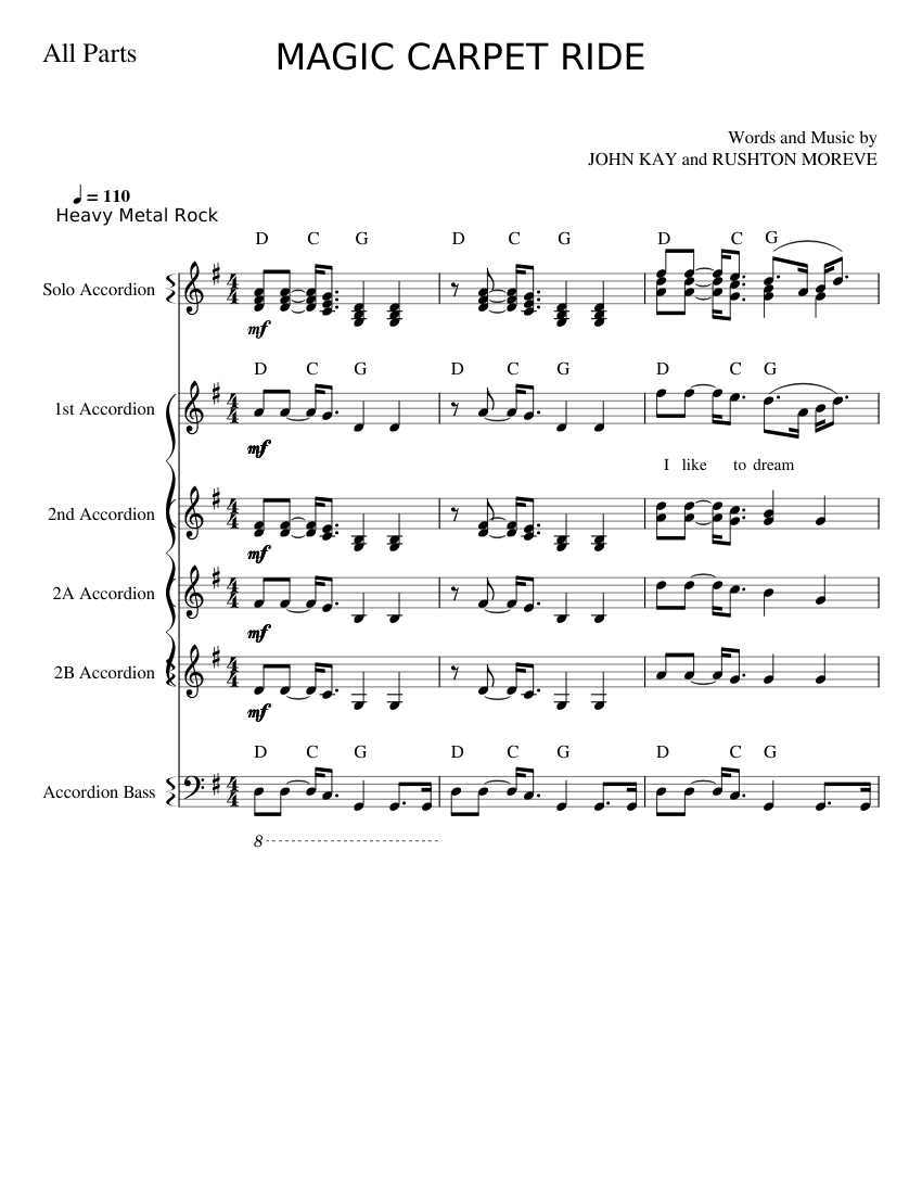 Magic Carpet Ride Sheet Music for Accordion (Piano Quartet) | MuseScore.com