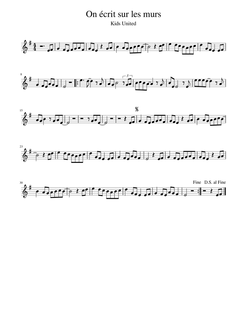 On écrit sur les murs – Kids United Sheet Music for Clarinet in b-flat ...