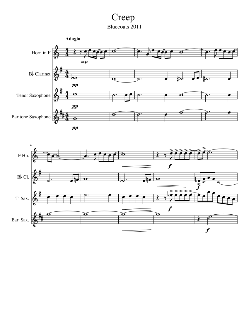 Creep- Bluecoats Sheet music for Clarinet in b-flat, Saxophone tenor ...