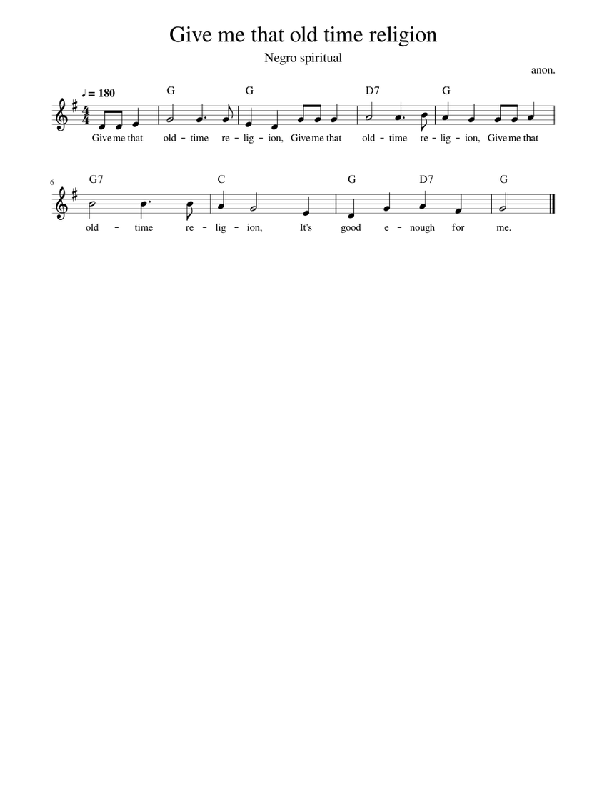 Give me that old time religion Sheet Music for Piano (Solo) Easy ...