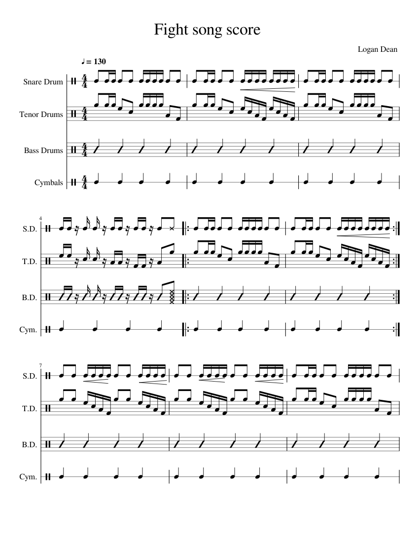 Fight song score Sheet music for Snare drum, Crash, Tenor drum, Bass ...