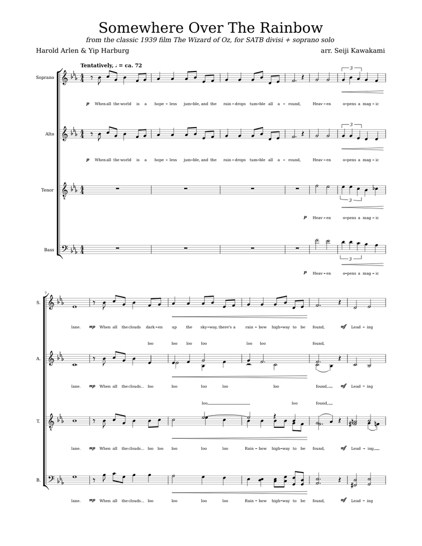 Somewhere Over The Rainbow (SATB) Sheet Music for Soprano, Alto, Tenor ...