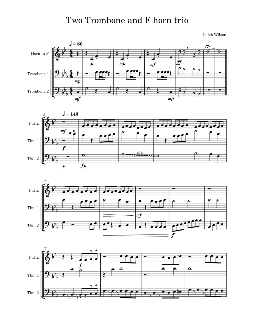 Two Trombone and F Horn Trio Sheet Music for Trombone, French horn ...