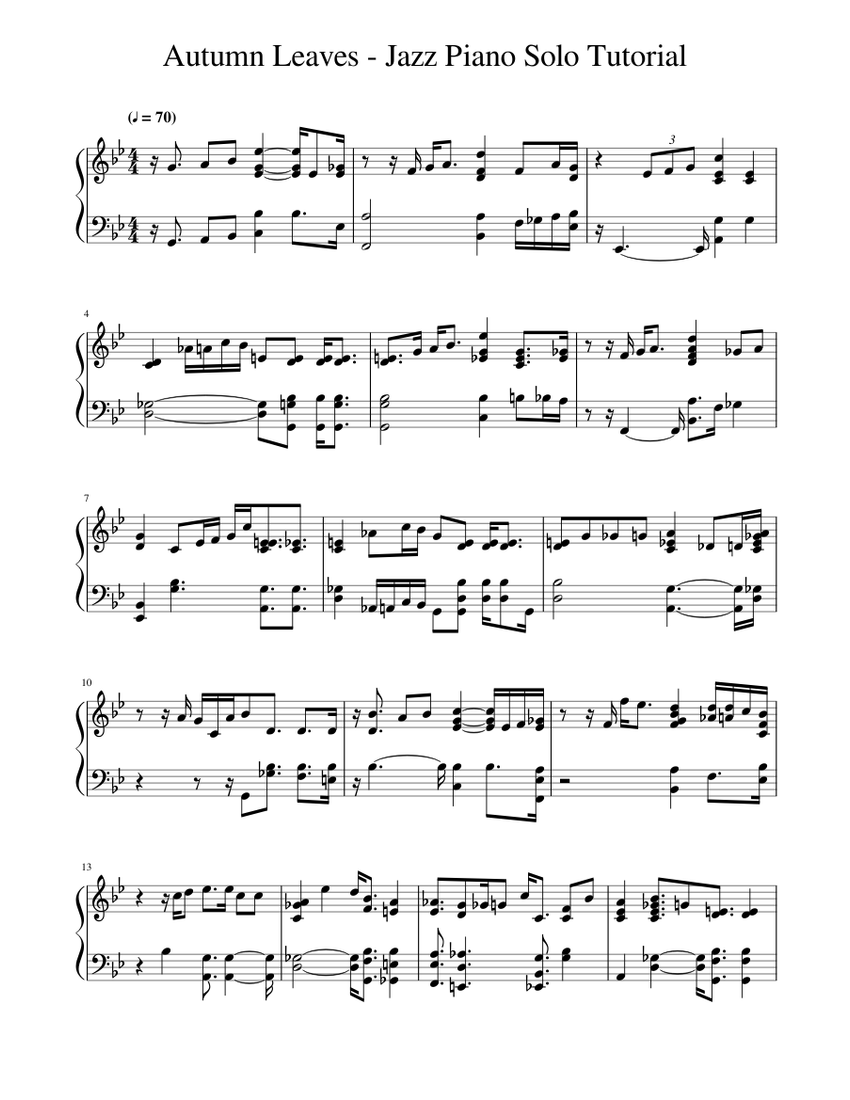 Autumn Leaves - Jazz Piano Solo Tutorial Sheet Music for Piano (Solo ...