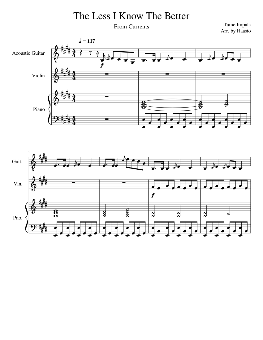 The Less I Know The Better – Tame Impala Sheet Music for Piano, Violin ...