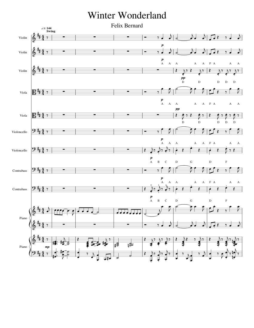 Winter Wonderland Strings Adapted Sheet Music for Piano, Contrabass ...