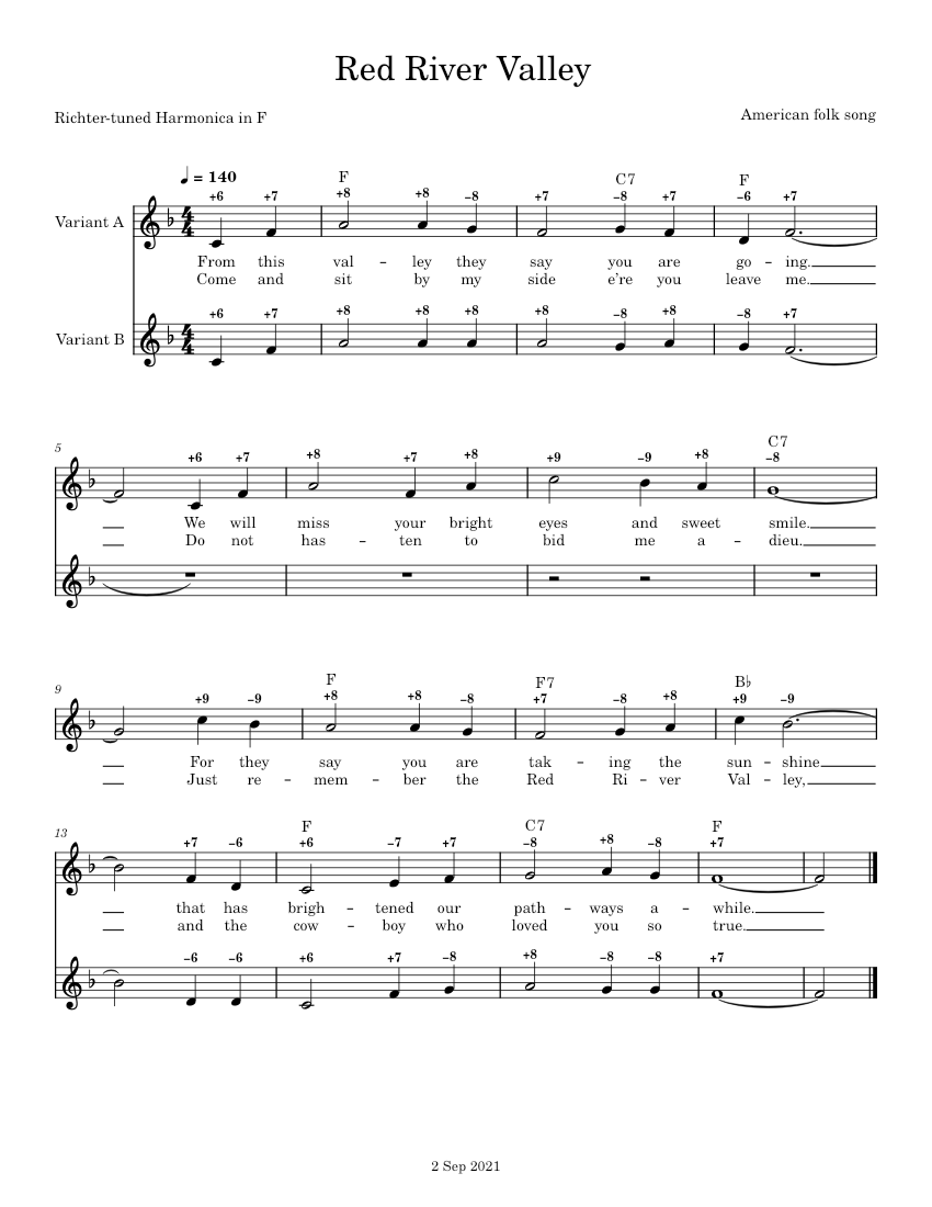 Red River Valley Sheet Music with Chords for Harmonica (Solo ...