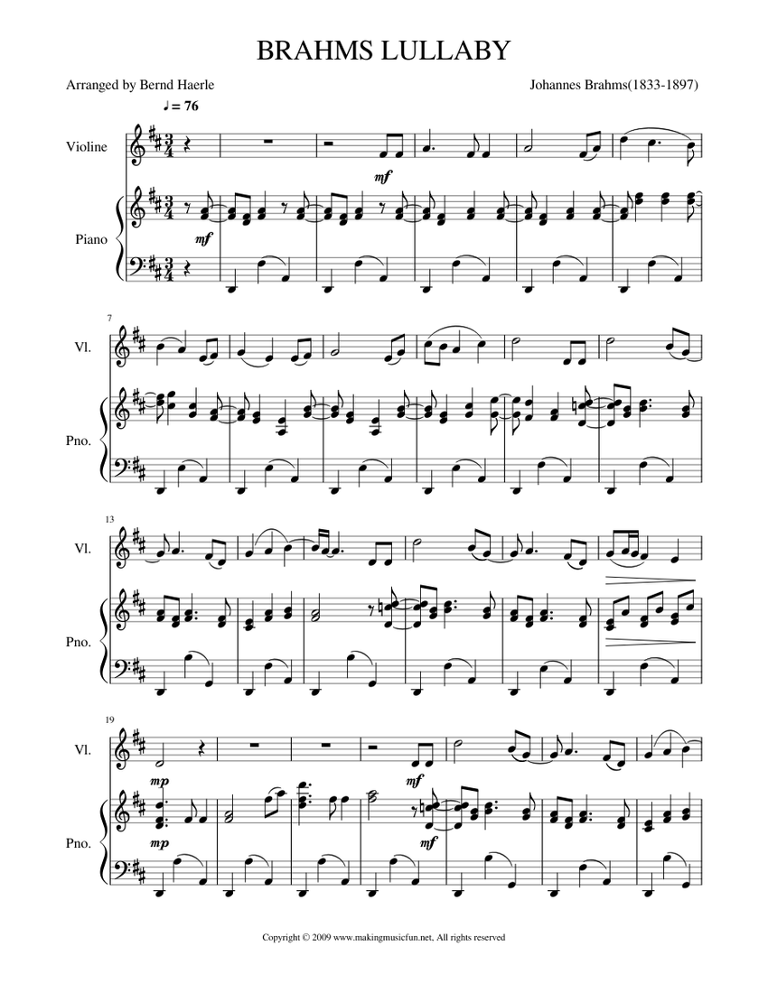 BRAHMS LULLABY Sheet Music for Piano, Violin (Solo) | MuseScore.com
