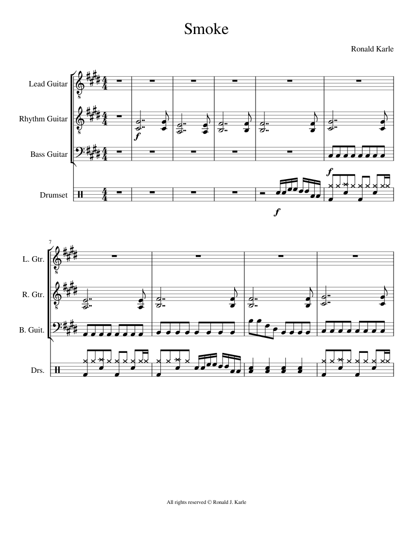 Smoke Sheet music for Guitar, Bass guitar, Drum group (Mixed Quartet ...