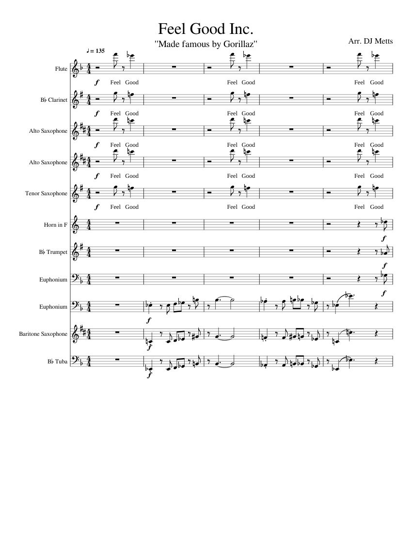 Feel Good Inc Sheet Music for Euphonium, Tuba, Flute, Clarinet in b ...