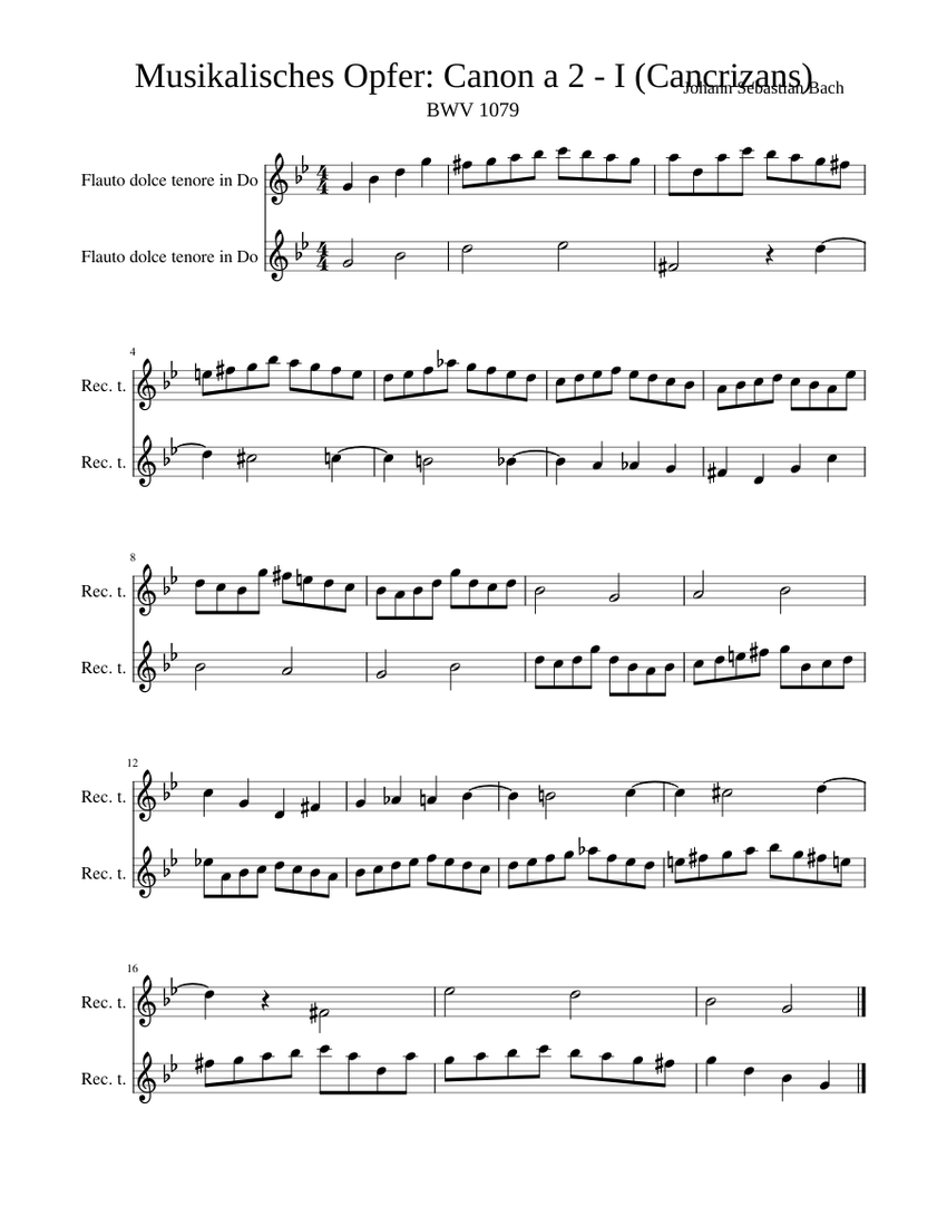 J.S. Bach - Musikalisches Opfer Canon a 2 - I Cancrizans 2 Recorders ...