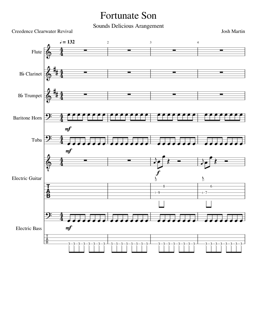 Fortunate Son Sheet Music for Tuba, Flute, Clarinet in b-flat, Trumpet ...