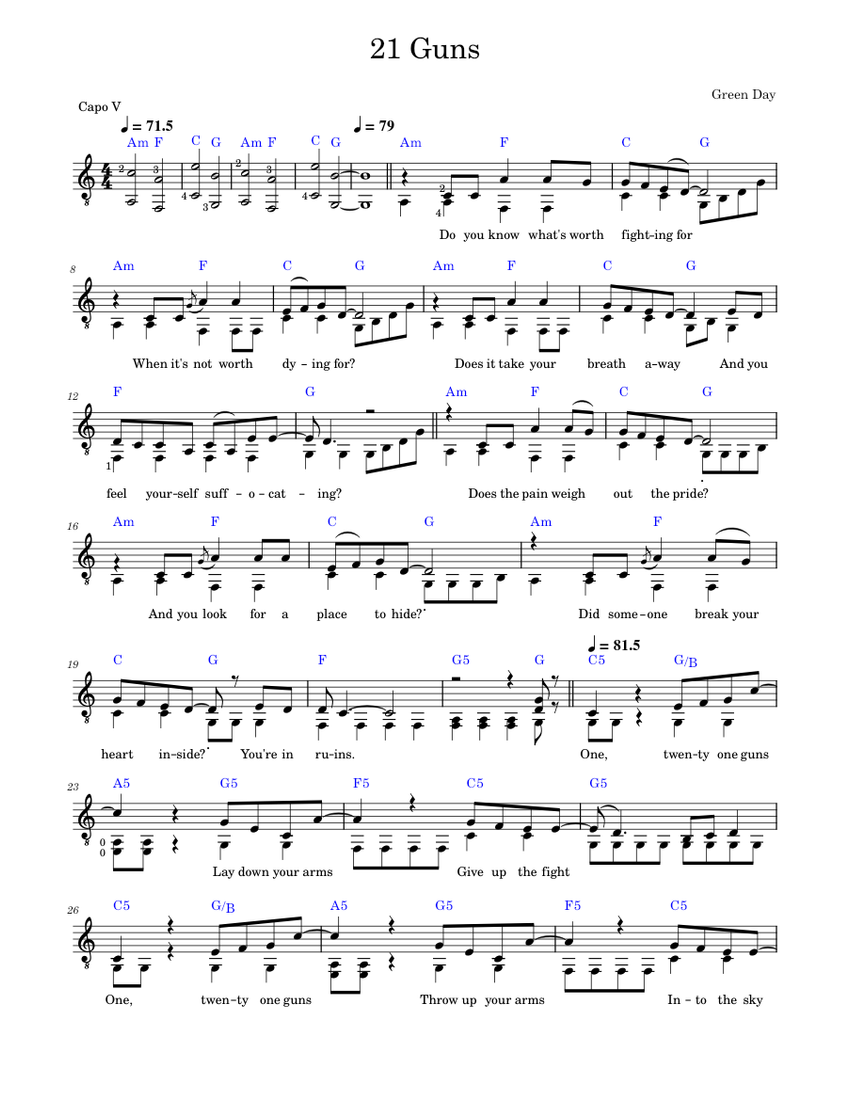 21 Guns – Green Day Sheet Music with Chords for Guitar (Solo ...