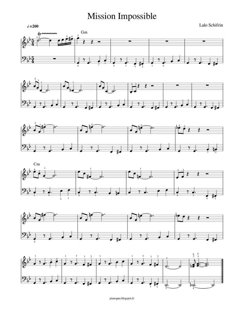 Mission Impossible (Lalo Schifrin) Sheet Music with Chords for Piano ...