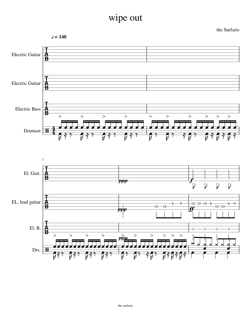 wipe out the surfaris Sheet music for Guitar, Bass guitar, Drum group ...