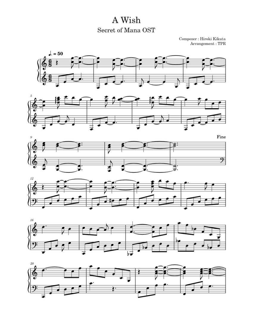 Secret of mana OST - A wish (Arranged by TPR) Sheet Music for Piano ...