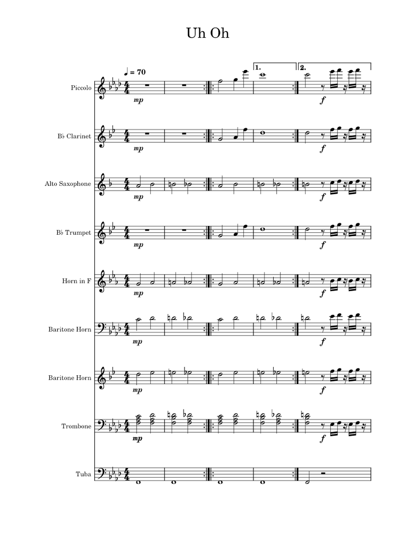 Uh Oh Sheet Music for Trombone, Tuba, Flute piccolo, Clarinet in b-flat ...