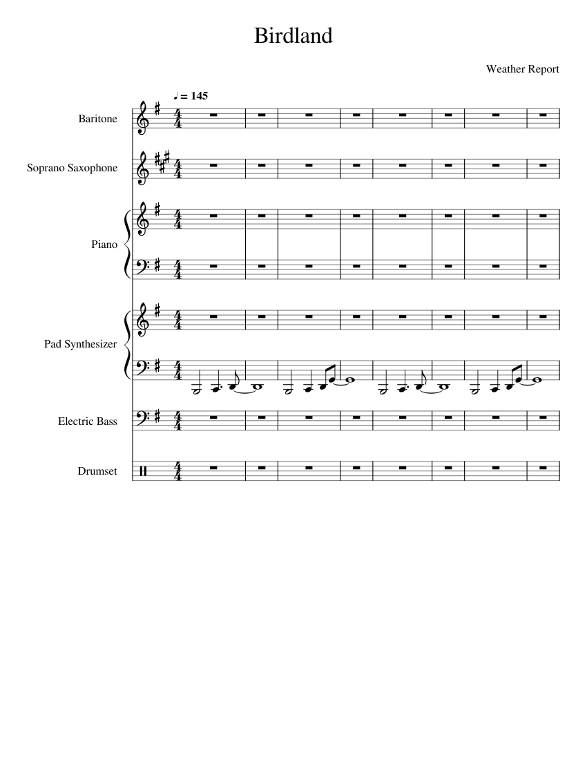 Birdland Sheet Music with Chords for Piano, Baritone, Bass guitar, Drum ...
