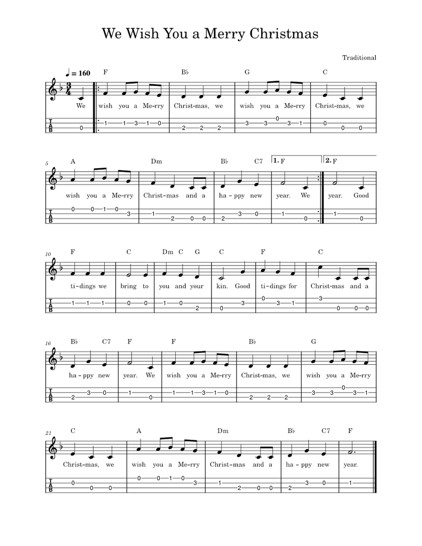We Wish You a Merry Christmas Sheet Music and Tab with Chords for ...