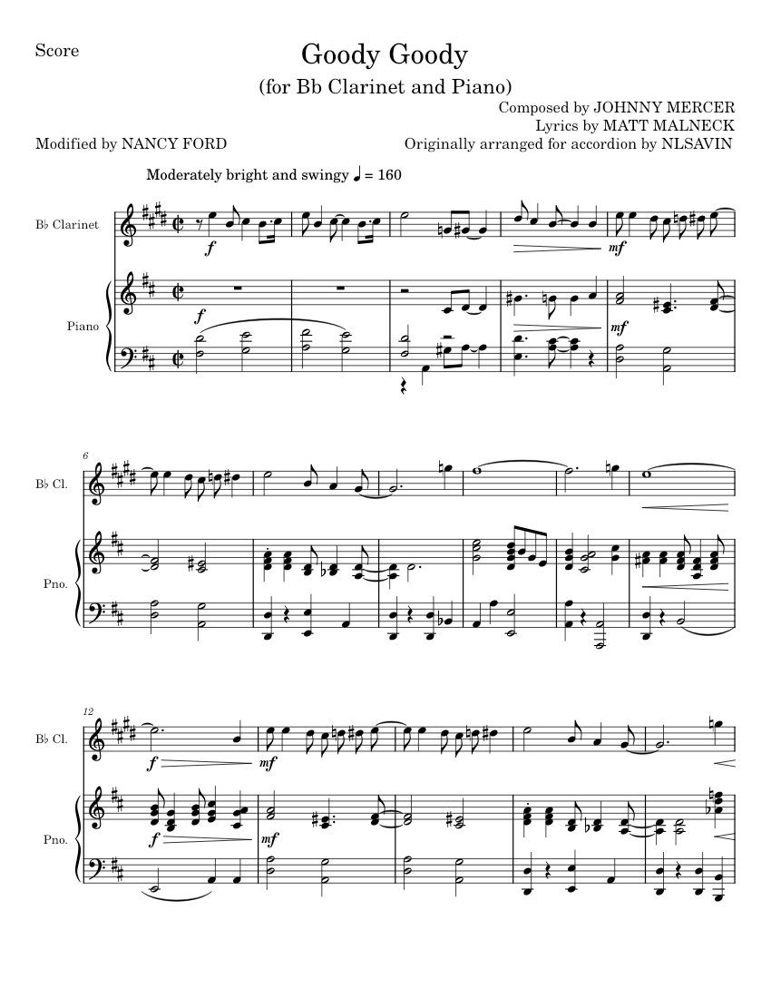 Goody Goody - Johnny Mercer and Matt Malneck (Bb Clarinet and Piano ...