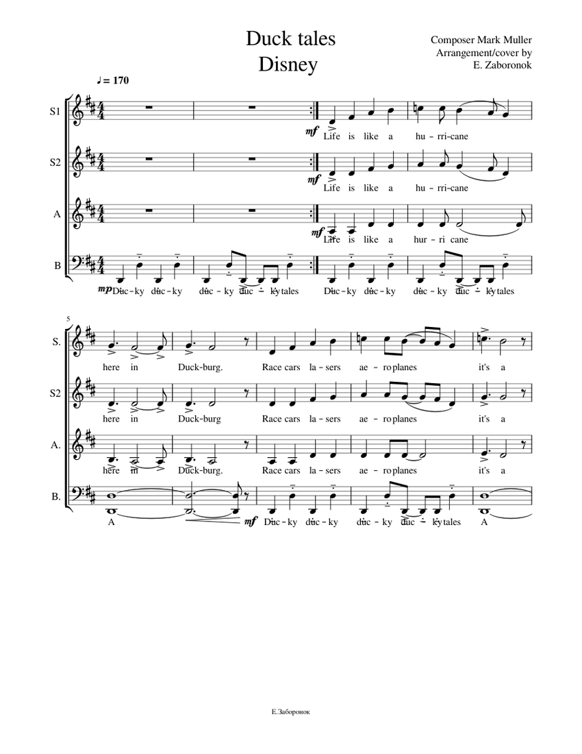 Duck Tales Disney Sheet music for Soprano, Alto, Bass voice, Mezzo ...