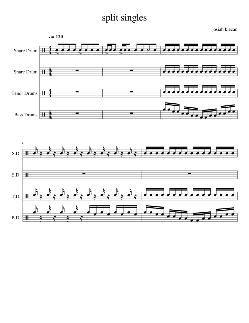 split singles Sheet music for Snare drum, Tenor drum, Bass drum ...
