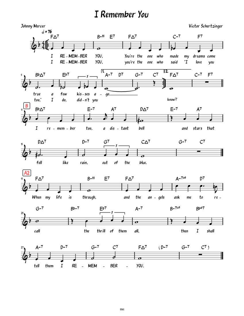 I Remember You – Victor Schertzinger Sheet Music with Chords for Piano ...