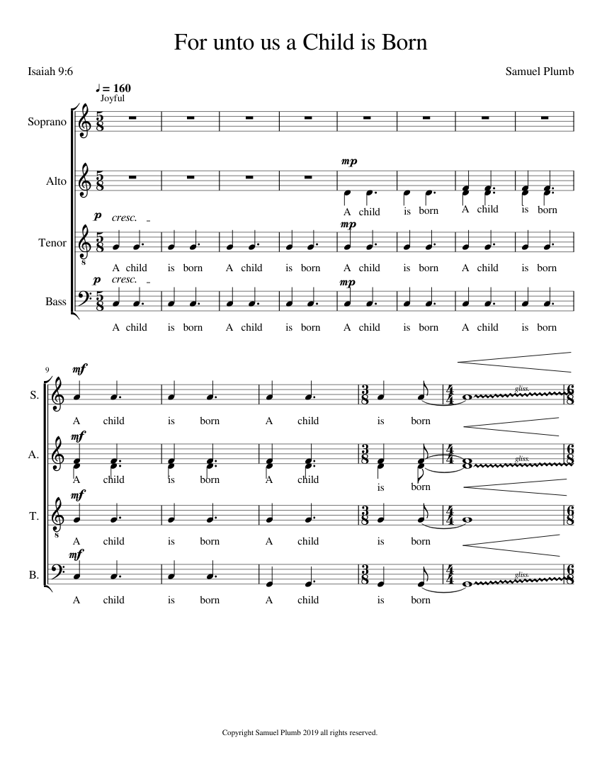 For unto us a Child is Born Sheet Music for Soprano, Alto, Tenor, Bass ...
