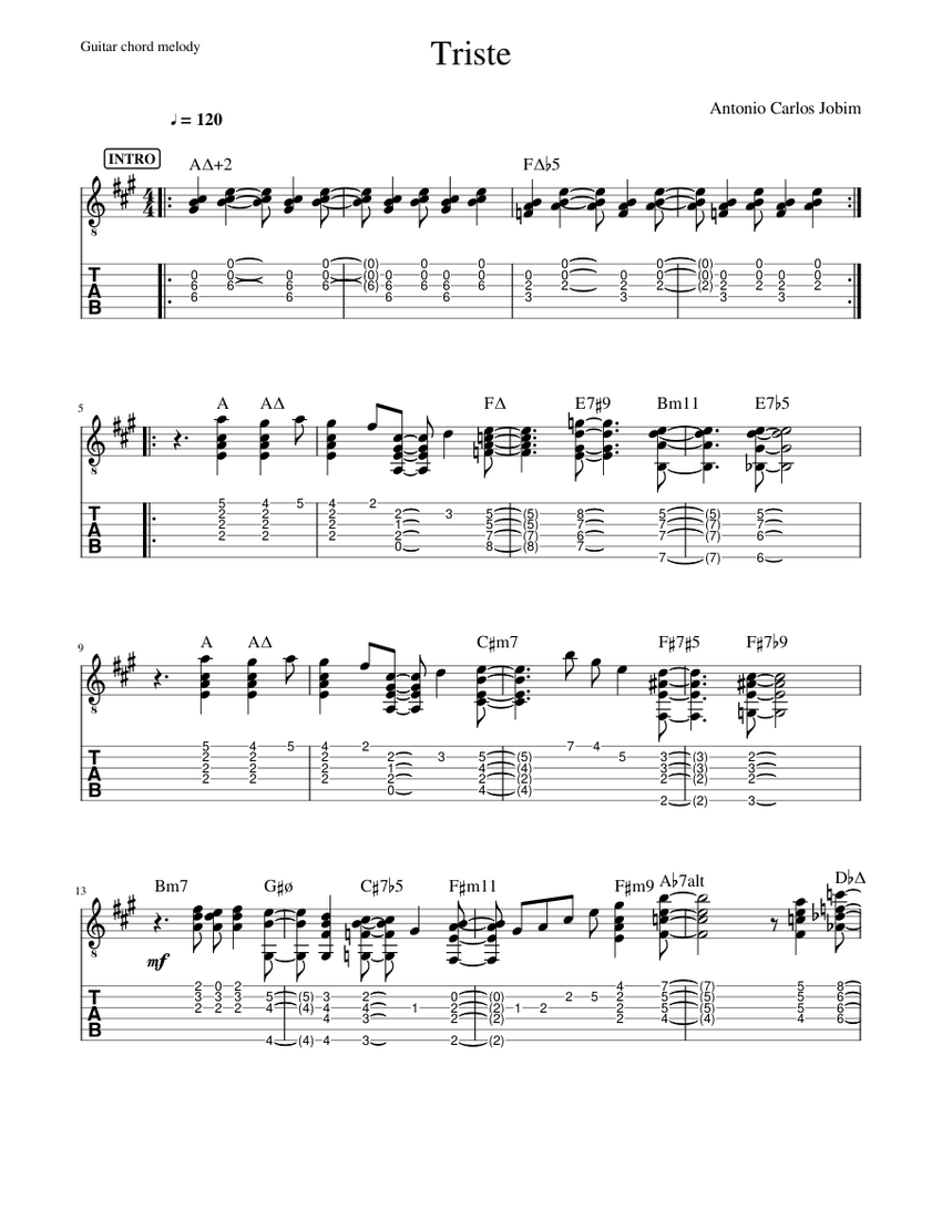 Triste (guitar chord melody) Sheet Music and Tab for Guitar (Solo ...