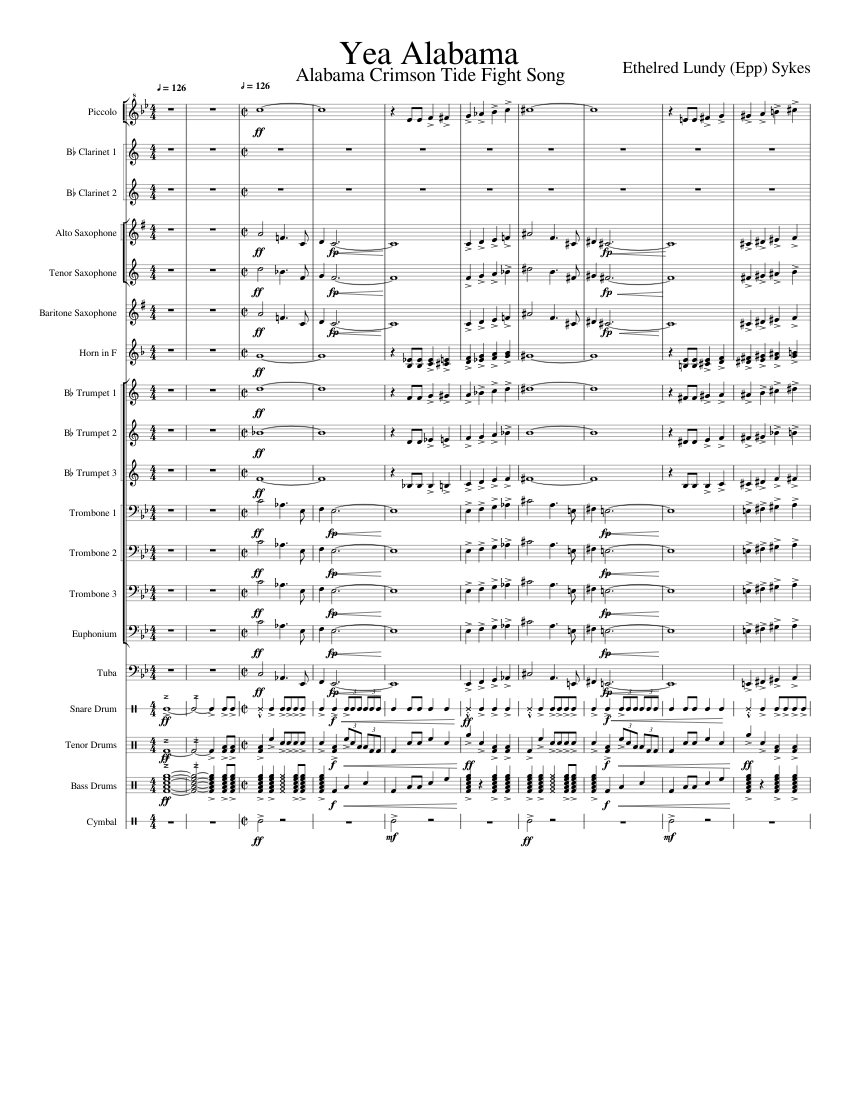 Yea Alabama Sheet Music for Trombone, Euphonium, Tuba, Flute piccolo ...