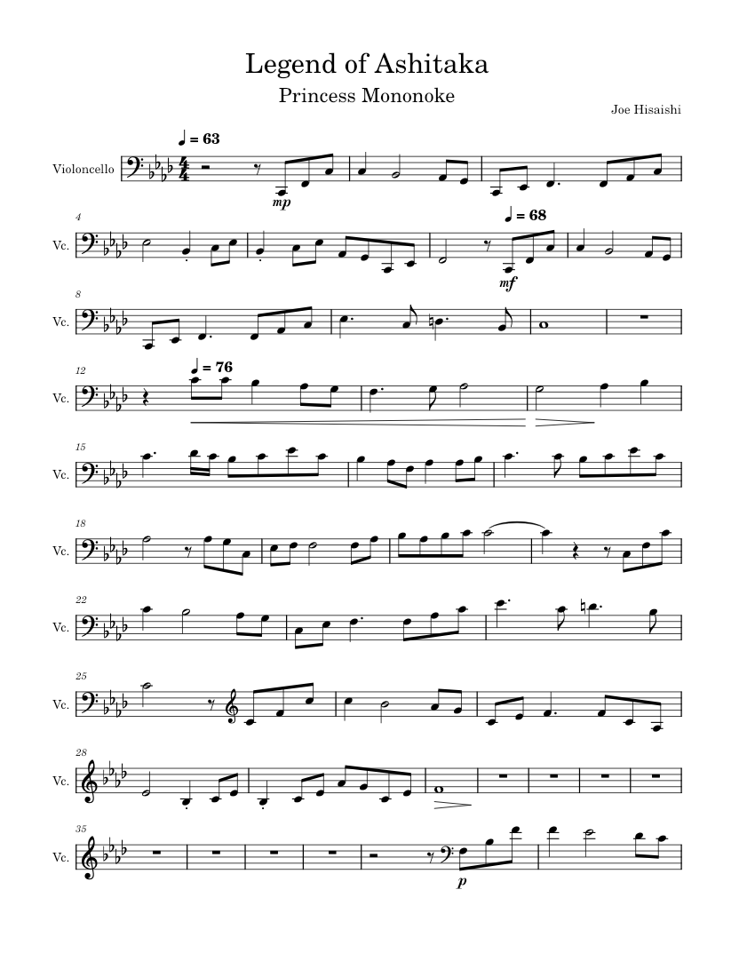 Legend of Ashitaka – Joe Hisaishi Sheet music for Cello (Solo ...