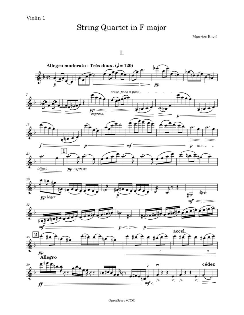 String Quartet in F major – Maurice Ravel - Violin 1 PART Sheet music for Violin (String Quartet ...