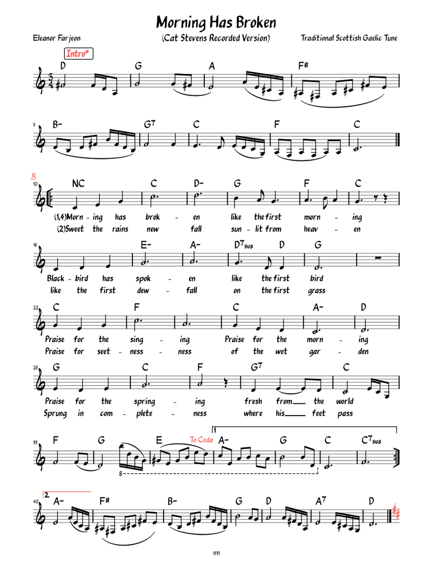 Morning Has Broken (Lead sheet with lyrics ) Sheet Music with Chords ...